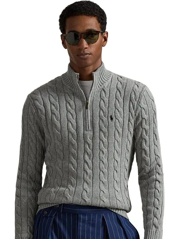 Ralph Lauren Cable-knit Quarter-zip Cotton Sweater - Fawn Grey Heather