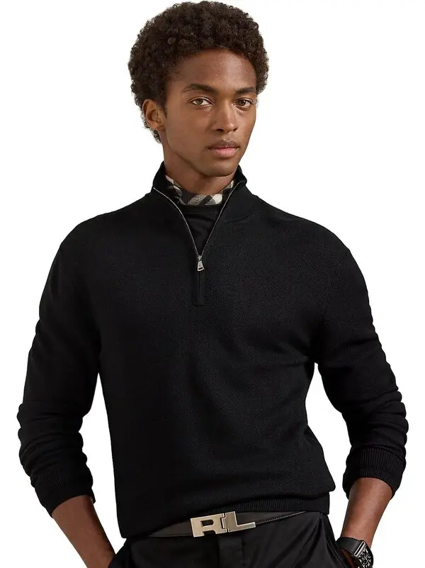 Ralph Lauren Piqué-knit Wool Quarter-zip Sweater - Classic Black