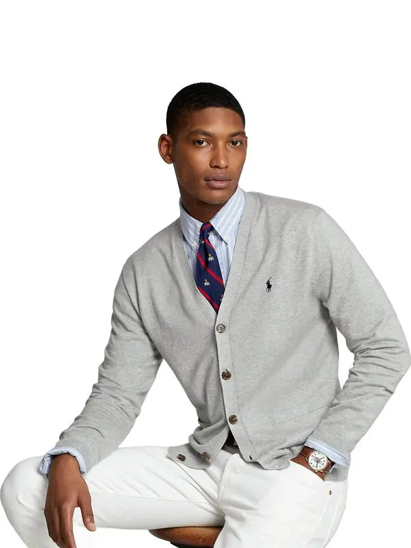 Ralph Lauren Cotton V-neck Fine Knit Cardigan - Andover Heather