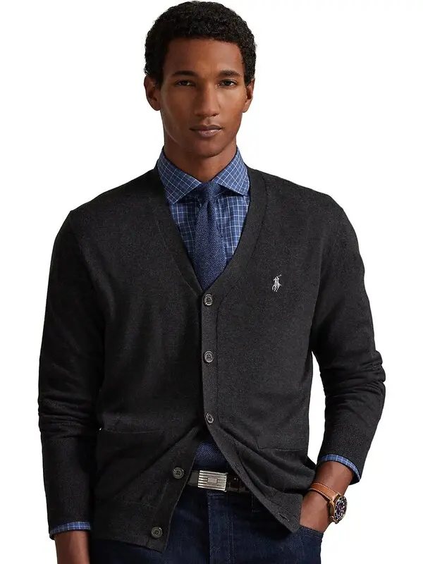 Ralph Lauren Cotton V-neck Fine Knit Cardigan - Dark Granite Heather