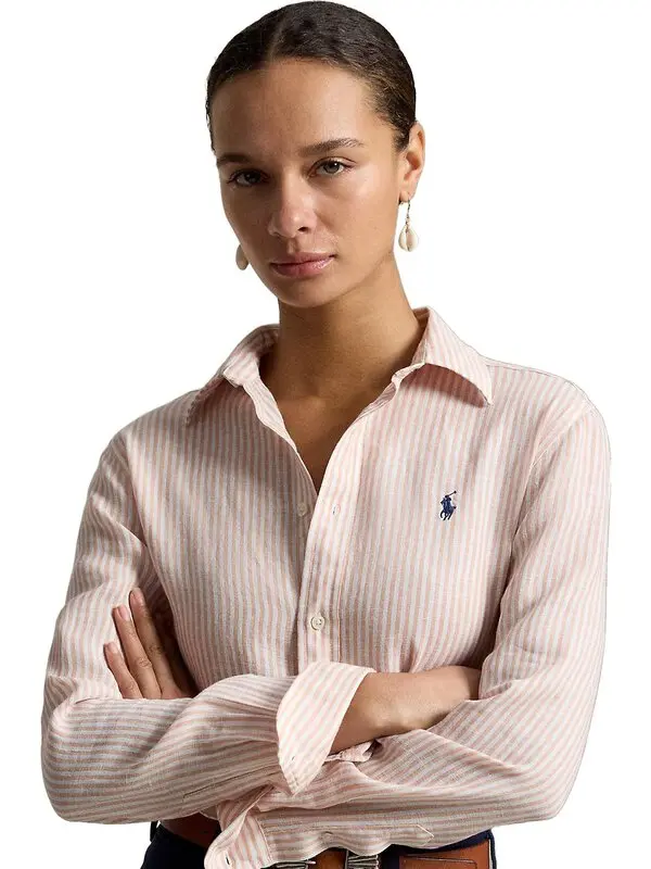 Ralph Lauren Classic Fit Striped Linen Shirt - Dark Mauve/white