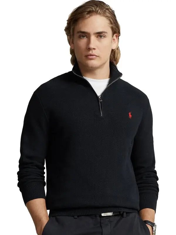 Ralph Lauren Mesh-knit Cotton Quarter-zip Sweater - Black