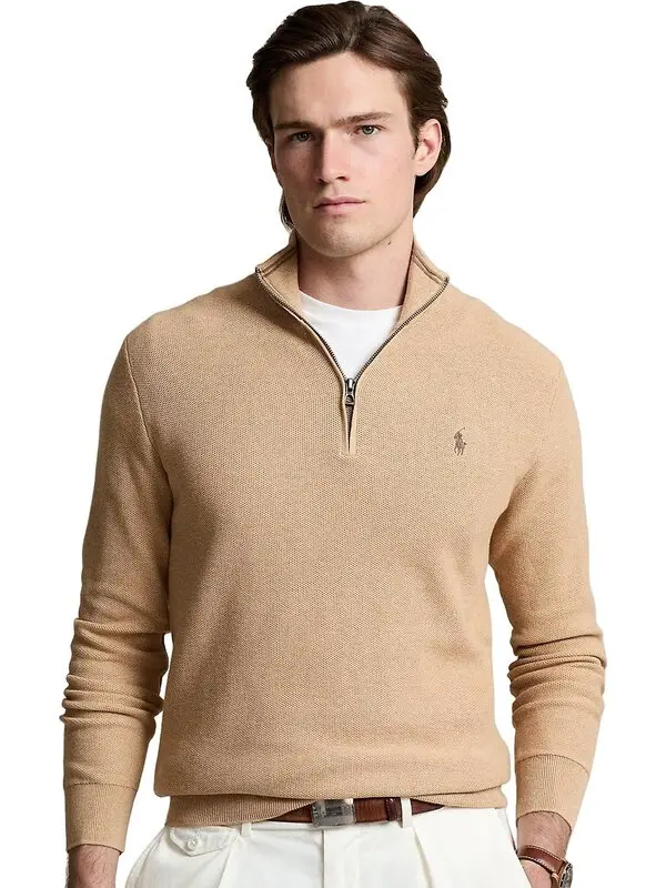 Ralph Lauren Mesh-knit Cotton Quarter-zip Sweater - Camel Melange