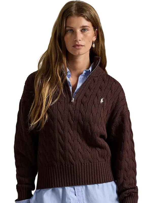 Ralph Lauren Cable-knit Quarter-zip Cotton Sweater - Dark Brown