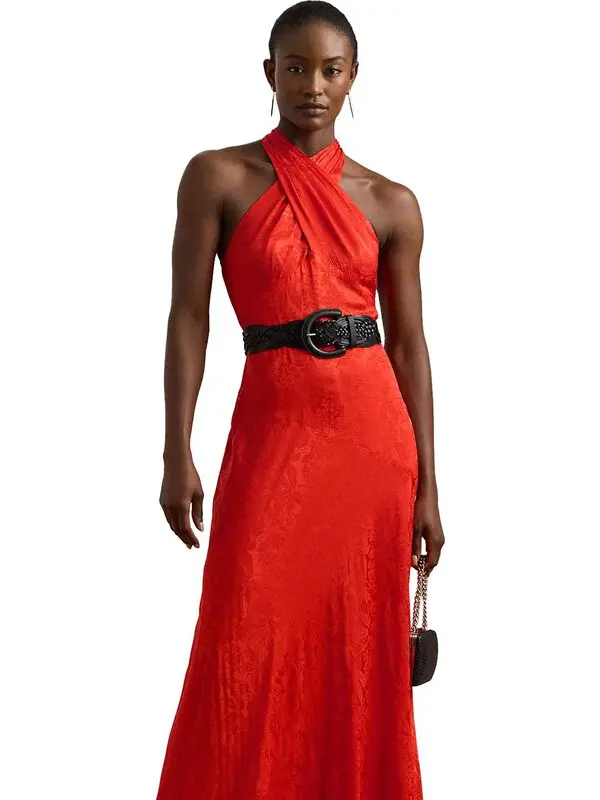 Ralph Lauren Belted Floral Jacquard Halter Gown - Bright Vermilion
