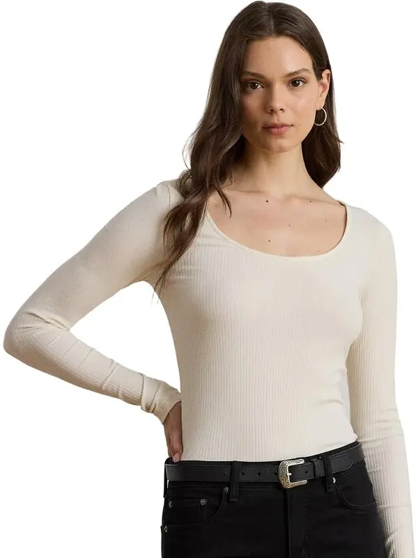 Ralph Lauren Rib-knit Long-sleeve Scoopneck Tee - Mascarpone Cream