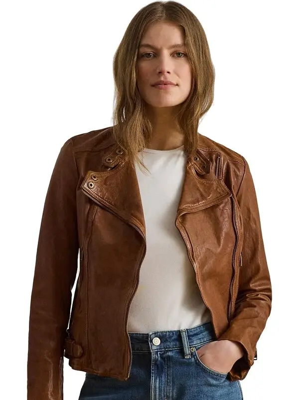 Ralph Lauren Burnished Leather Moto Jacket - Dark Walnut