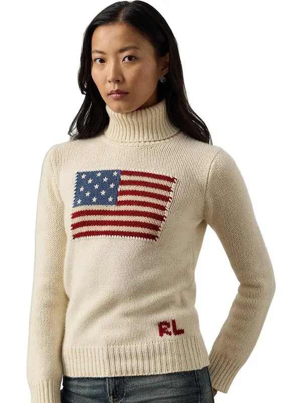 Ralph Lauren Flag Cashmere Turtleneck Sweater - Lux Cream W/flag