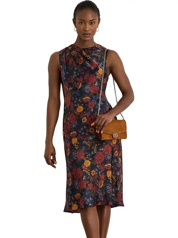 Ralph Lauren Floral Pleated Charmeuse Cocktail Dress - Navy Multi