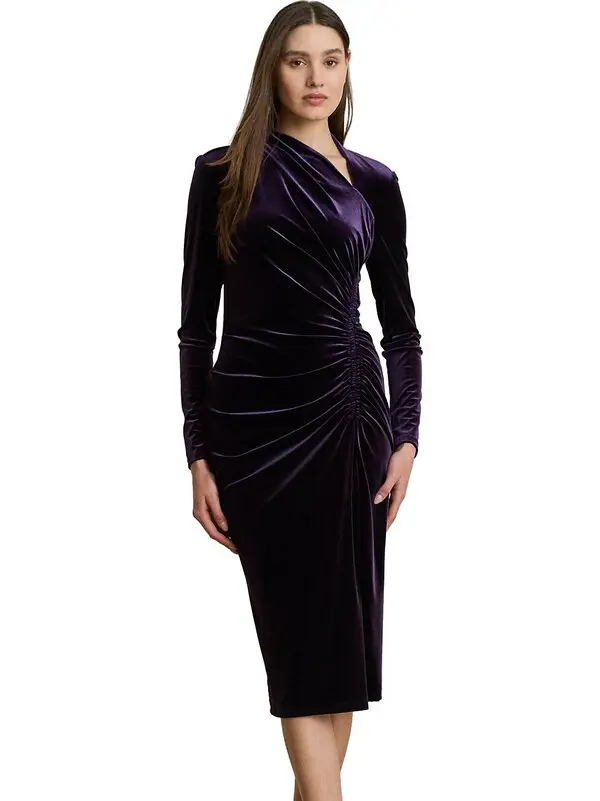 Ralph Lauren Velvet Ruched Asymmetrical Dress - Violet Gem Velvet