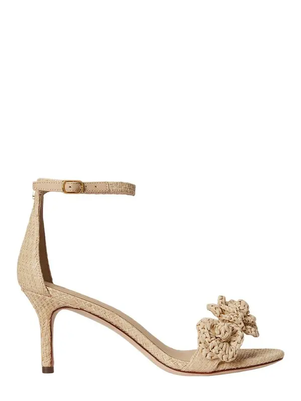 Ralph Lauren Allie Mid-heel Raffia Sandal With Floral Trim - Natural