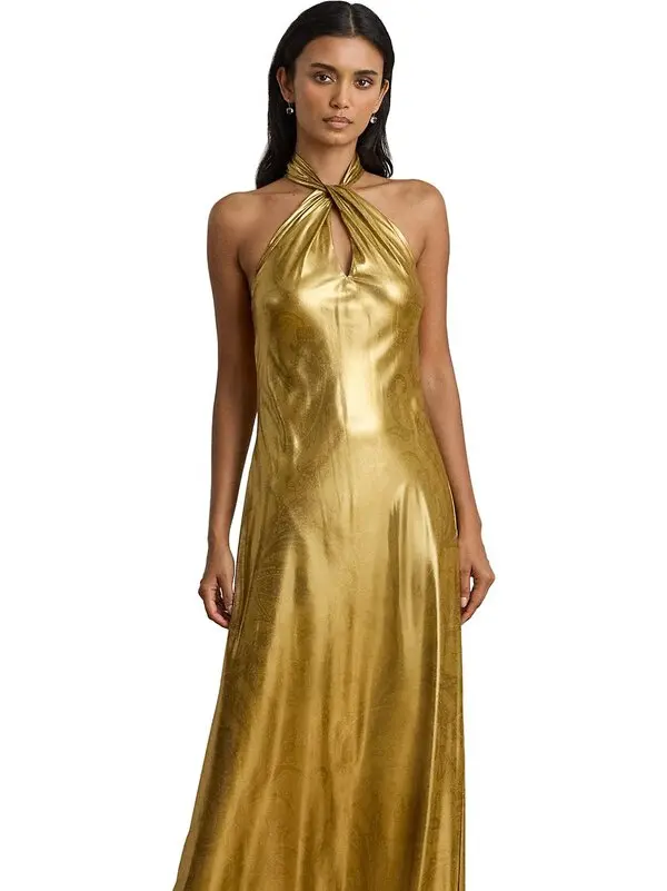 Ralph Lauren Paisley Metallic Georgette Halter Gown - Purple/gold/multi
