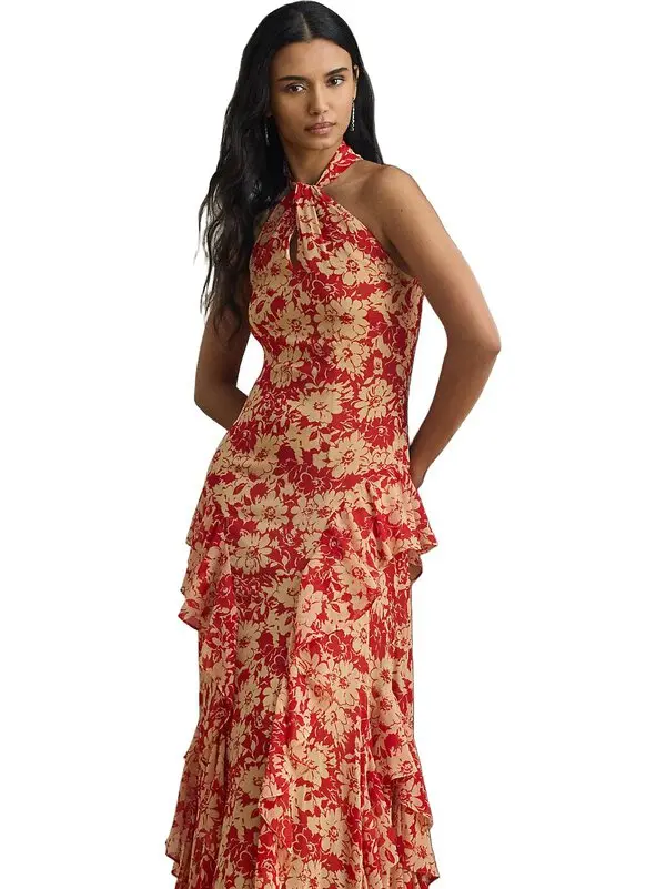Ralph Lauren Floral Ruffle-trim Georgette Halter Gown - Red/tan