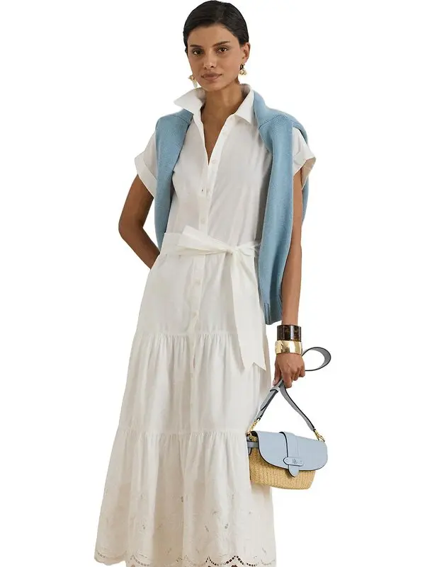 Ralph Lauren Eyelet Broadcloth Tiered Shirt Dress - White