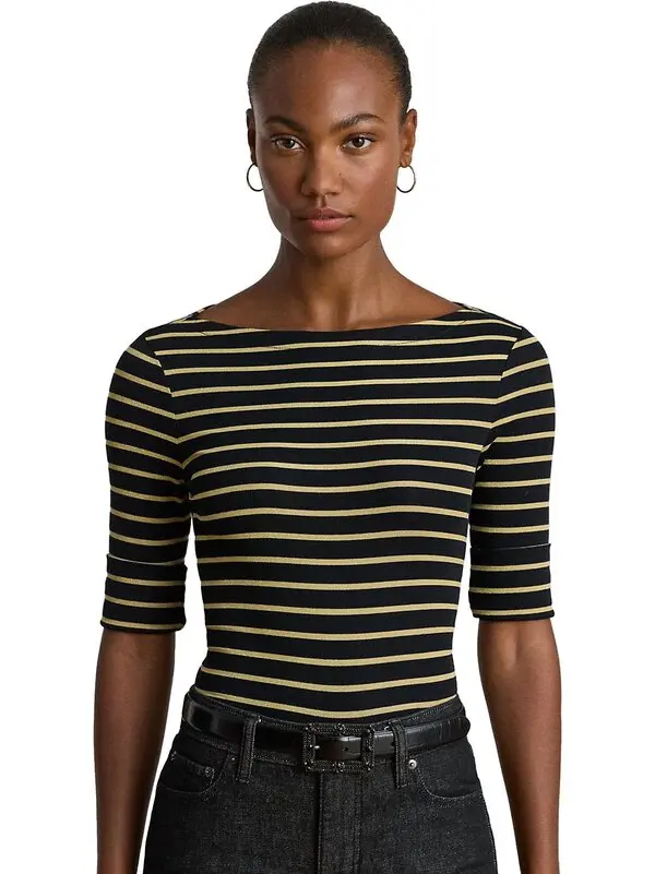 Ralph Lauren Metallic Striped Boatneck Tee - Black/gold Metallic