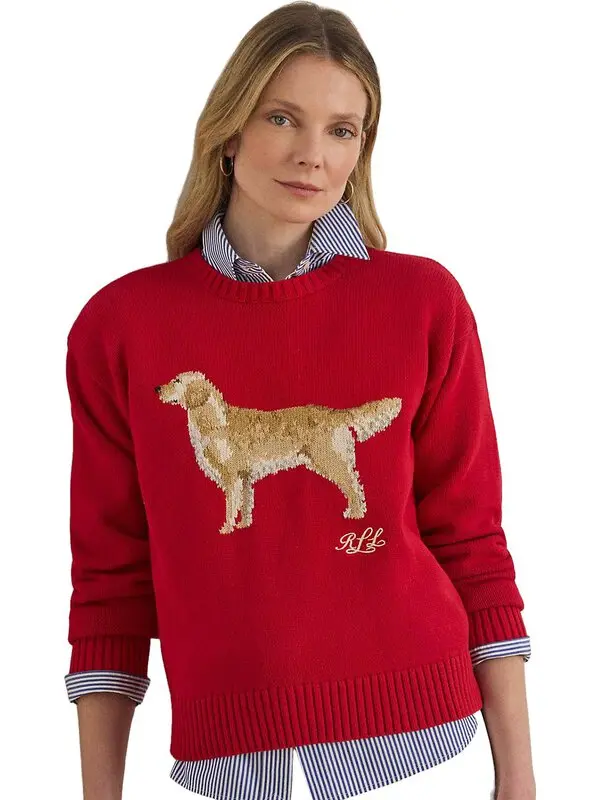 Ralph Lauren Intarsia-knit Golden Retriever Relaxed Sweater - Cruise Red Multi