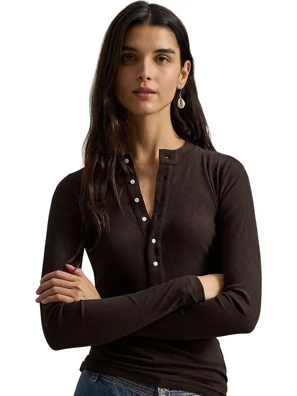 Ralph Lauren Ribbed Crepe Henley Shirt - Squire Brown