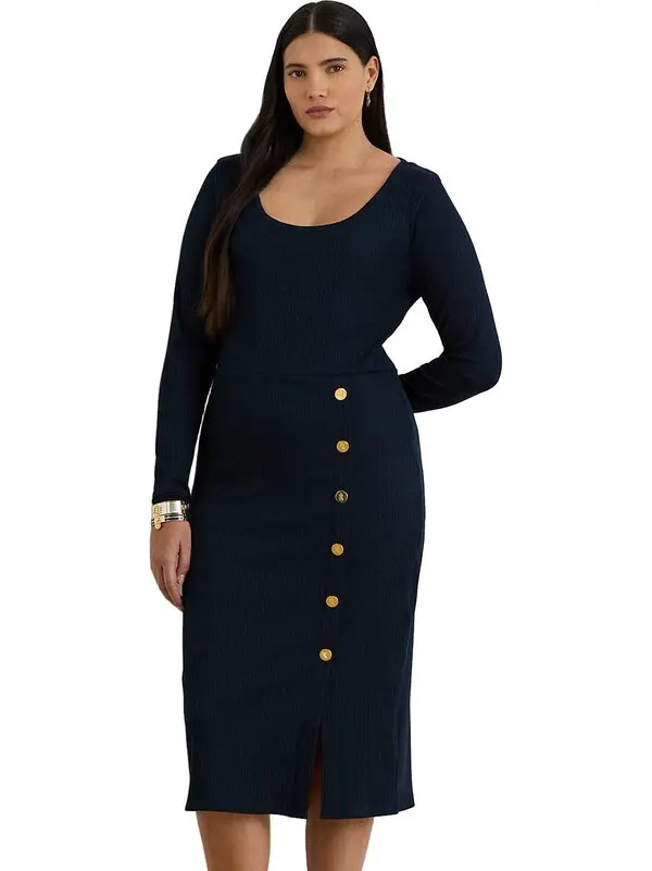 Ralph Lauren Button-trim Rib-knit Sheath Dress - Lauren Navy