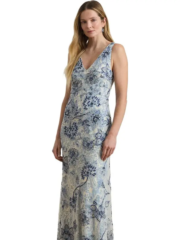 Ralph Lauren Floral Beaded Tulle Gown - Blue Multi