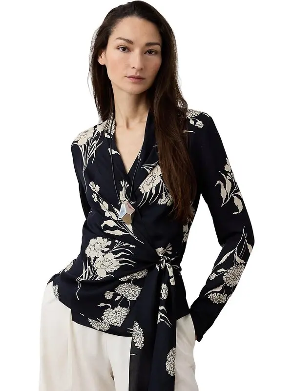 Ralph Lauren Shea Floral Satin Wrap Blouse - Black/cream