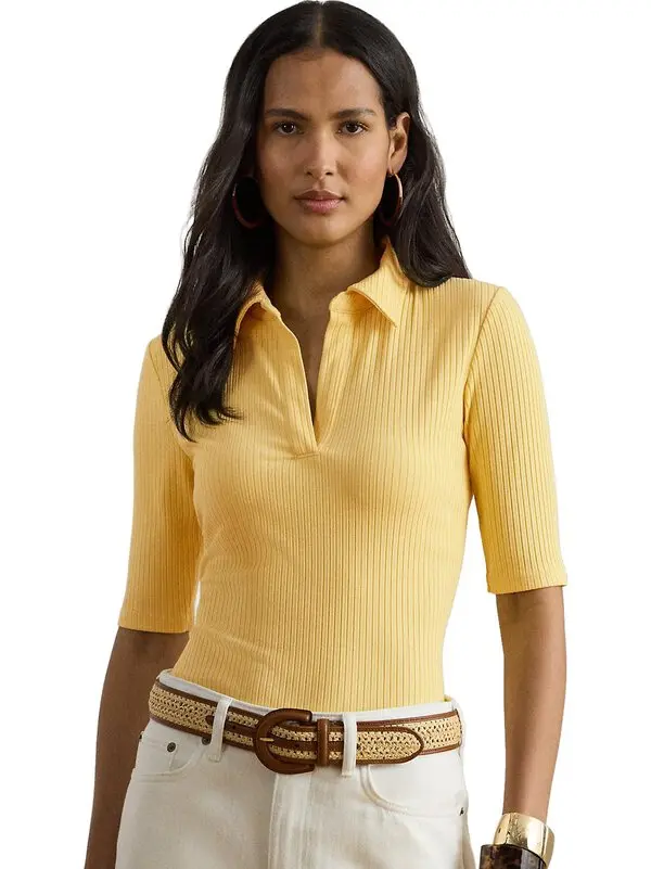 Ralph Lauren Rib-knit Elbow-sleeve Polo Tee - Lemon Sorbet