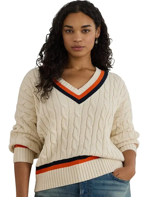 Ralph Lauren Cable-knit Cotton Cricket Sweater - Cream/navy/dusk Orange