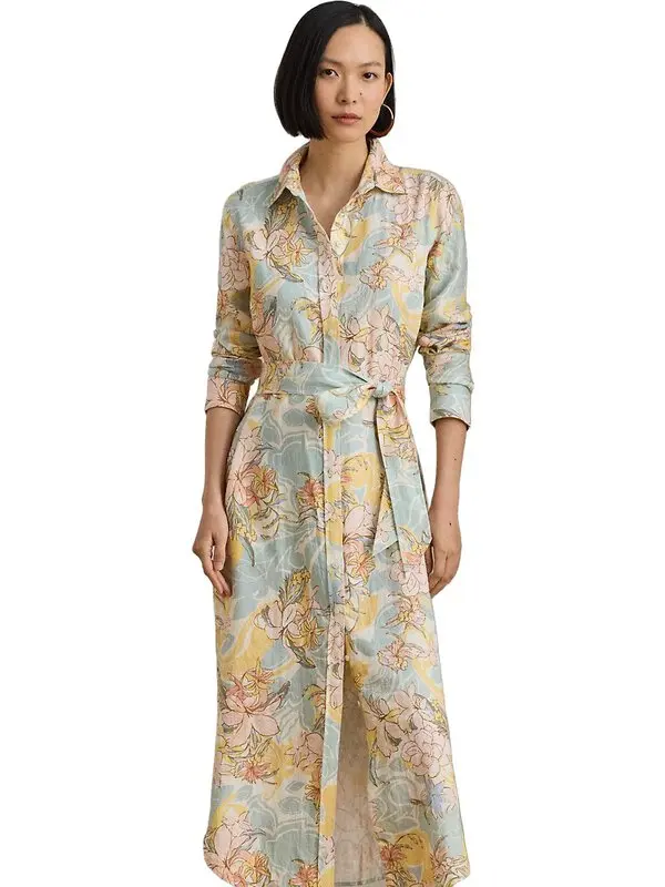Ralph Lauren Floral Linen Shirtdress - Cream/blue Multi