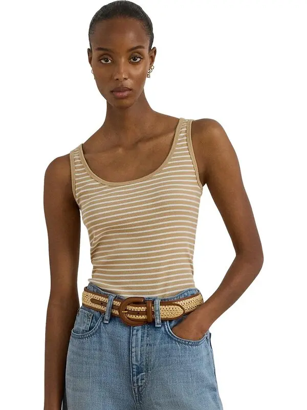 Ralph Lauren Striped Stretch Cotton Tank Top - Birch Tan/white