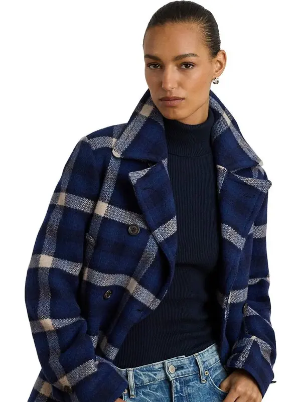 Ralph Lauren Double-breasted Plaid Tweed Coat - Blue/cream Multi