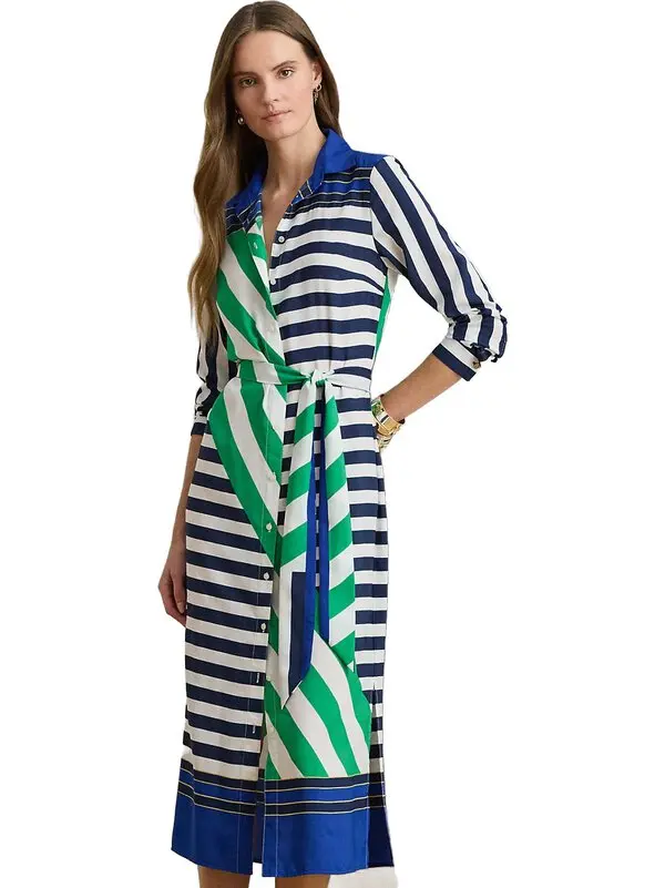Ralph Lauren Striped Crepe Shirtdress - Navy/white/green