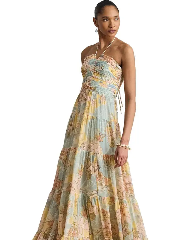 Ralph Lauren Floral Georgette Tiered Halter Gown - Cream/blue Multi