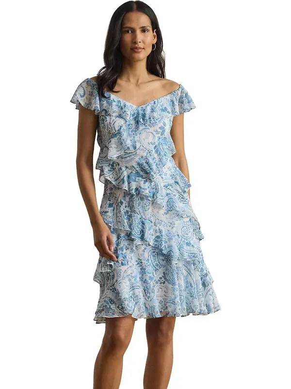 Ralph Lauren Paisley Ruffle-trim Cocktail Dress - White/blue