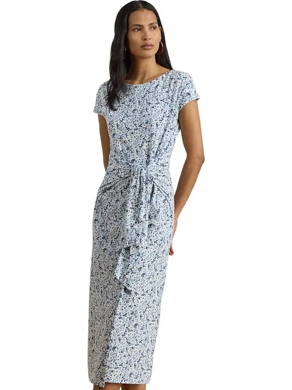 Ralph Lauren Floral Jersey Tie-front Tee Dress - White/blue
