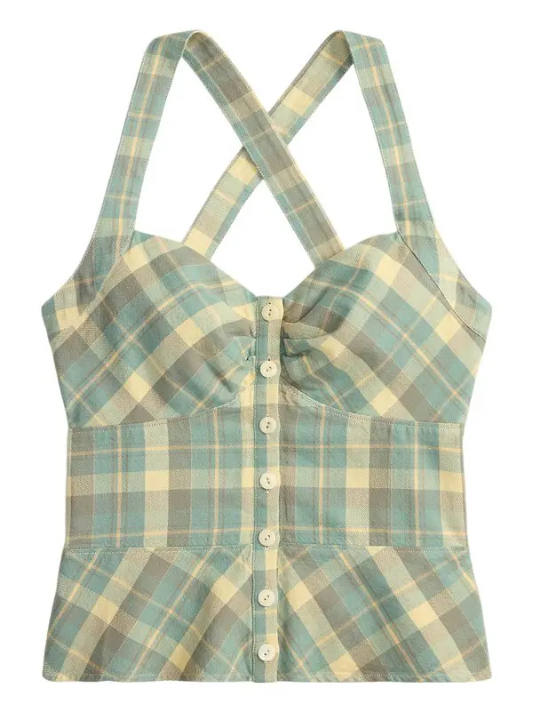 Ralph Lauren Plaid Twill Button-front Top - Sage/grey/cream
