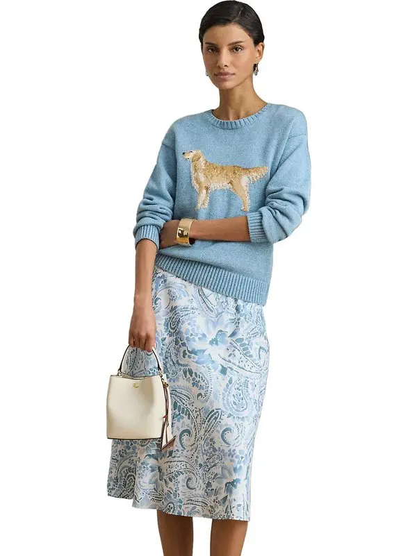 Ralph Lauren Paisley Crepe De Chine Midi Skirt - White/blue