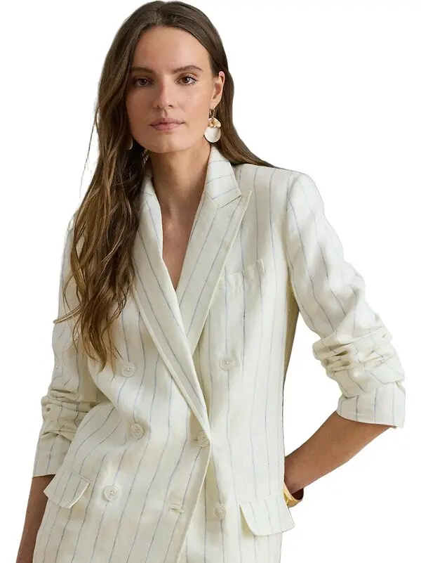 Ralph Lauren Striped Linen Twill Double-breasted Blazer - White/blue Multi
