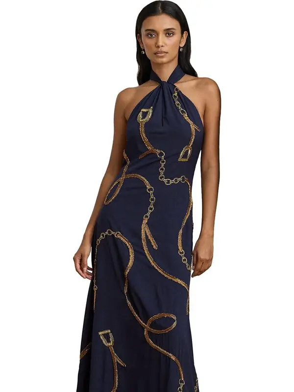 Ralph Lauren Belting-motif Sequined Crepe Halter Gown - Navy Multi