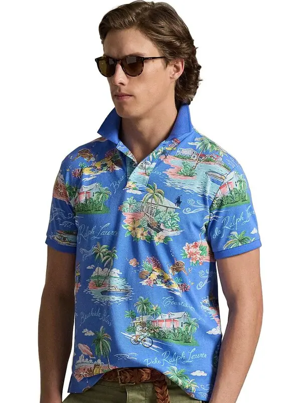 Ralph Lauren Classic Fit Polo Bear Tropical Print Polo Shirt - Bahamas Bear  Blue