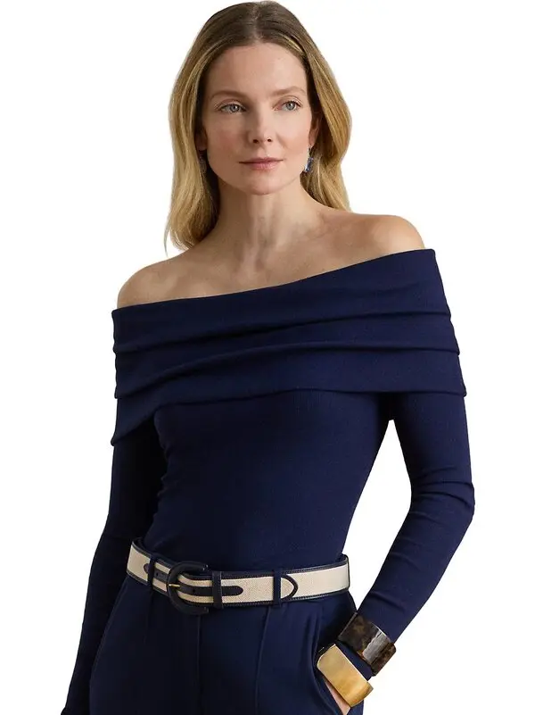 Ralph Lauren Ribbed Cotton-blend Off-the-shoulder Top - Refined Navy