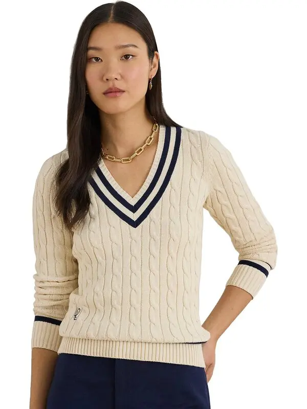 Ralph Lauren Cable-knit Cotton Cricket Sweater - Mascarpone Cream/navy