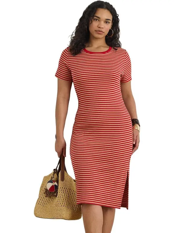 Ralph Lauren Striped Cotton-blend Ribbed Tee Dress - Cruise Red/birch Tan
