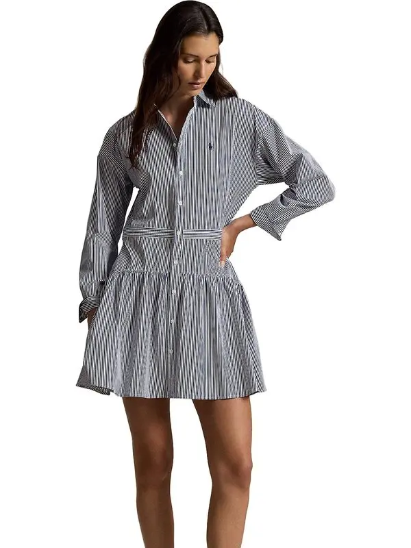 Ralph Lauren Striped Cotton Poplin Paneled Shirt Dress - White/fall Royal