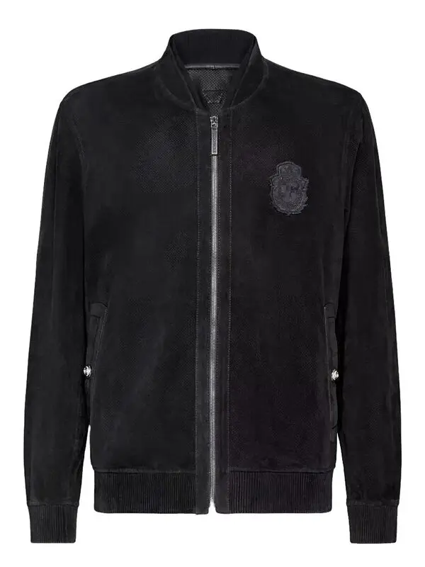 BILLIONAIRE Crest-patch Leather Jacket - Blue