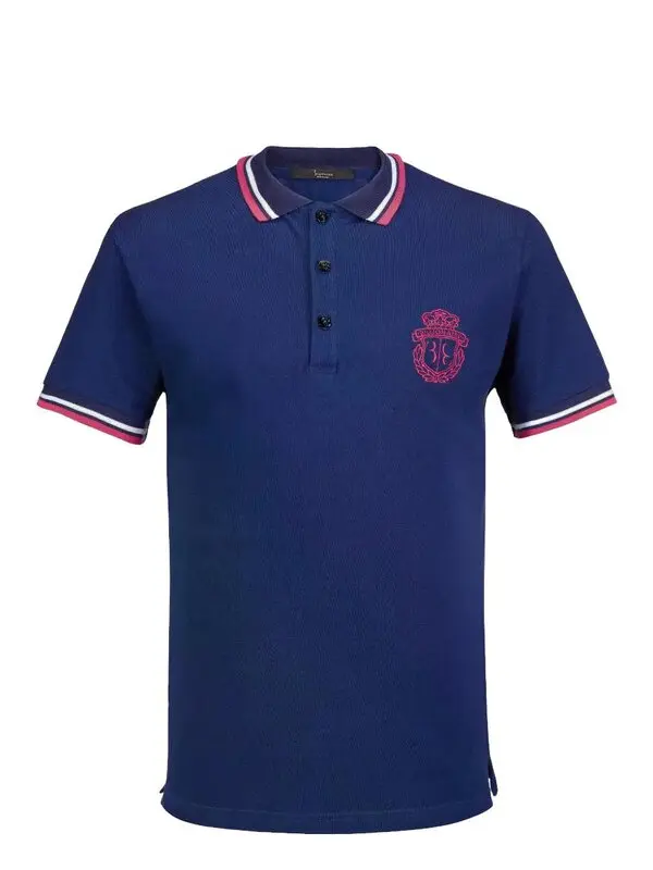 BILLIONAIRE Embroidered Crest Striped Polo Shirt - Blue