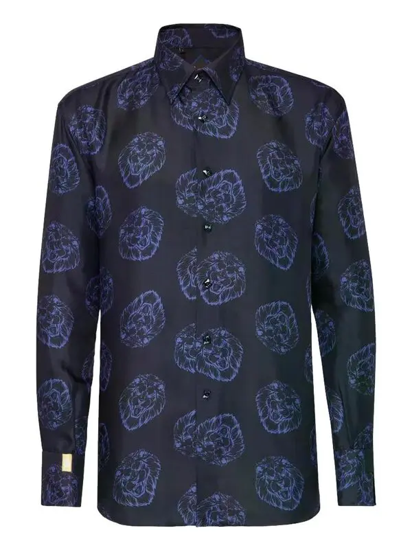 BILLIONAIRE Lion-print Crystal-button Shirt - Blue