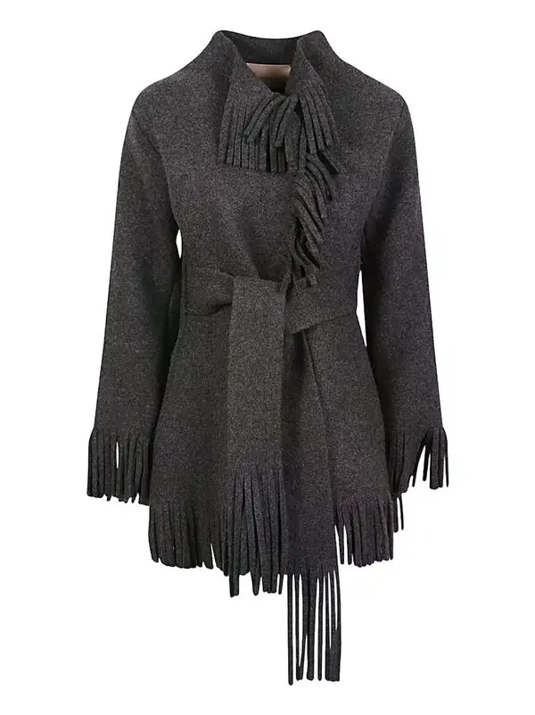 MALIN FRANKE Fringe-trim Belted Coat - Grey