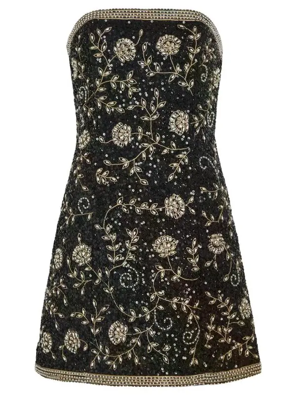 Alice + Olivia Sequin-embellished Floral-embroidered Dress - Black