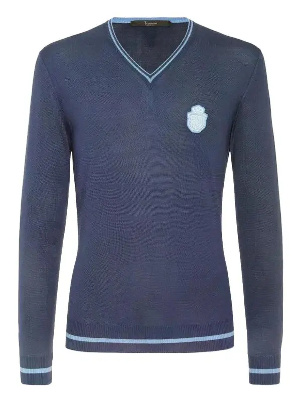 BILLIONAIRE Embroidered Crest V-neck Sweater - Blue
