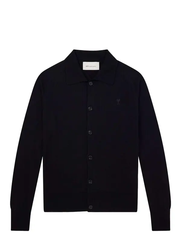 Ami Logo-embroidered Merino Wool Cardigan - Black