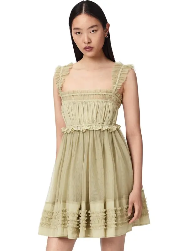 ALLSAINTS Angela Gathered Frill Mini Dress - Green